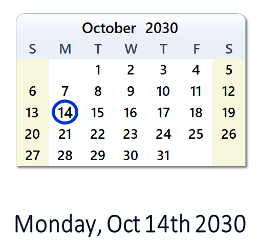 October 14, 2030 Calendar with Holidays & Count Down - USA