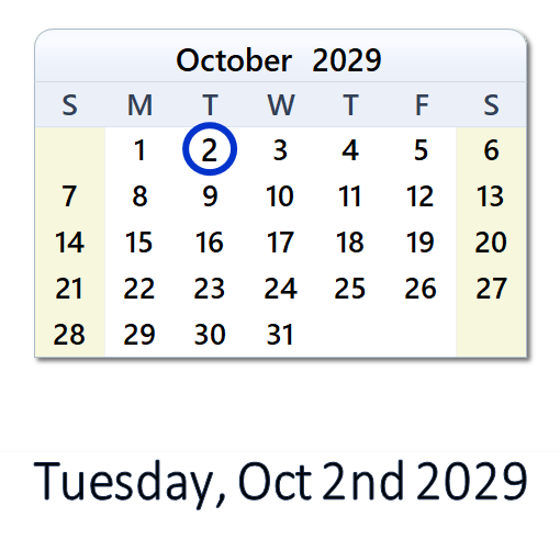 October 2, 2029 Calendar with Holidays and Count Down - CAN