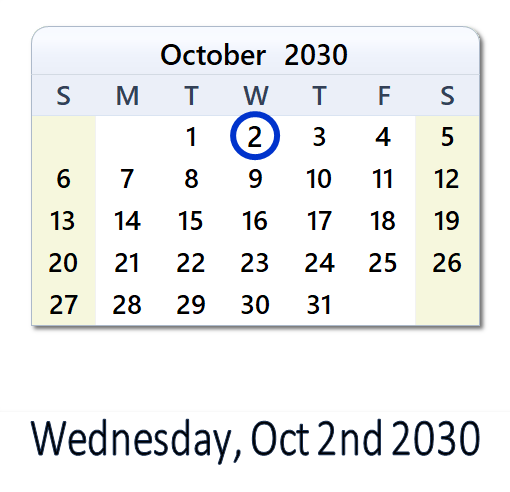 October 2, 2030 Calendar with Holidays & Count Down - USA