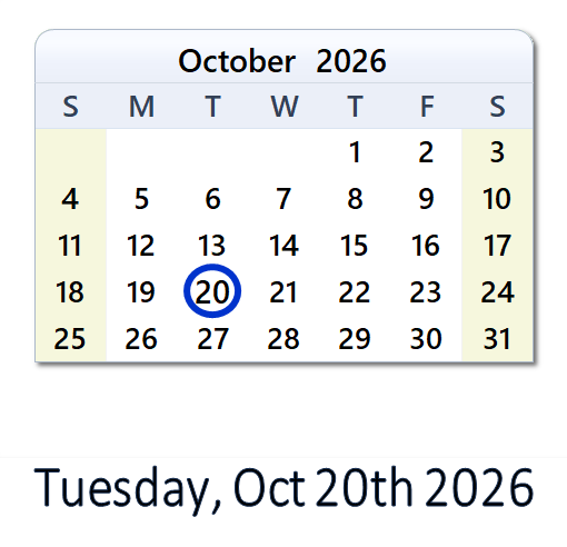 October 20, 2026 Calendar with Holidays & Count Down - USA