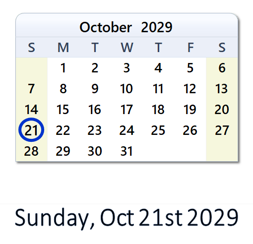 October 21, 2029 Calendar with Holidays & Count Down - USA