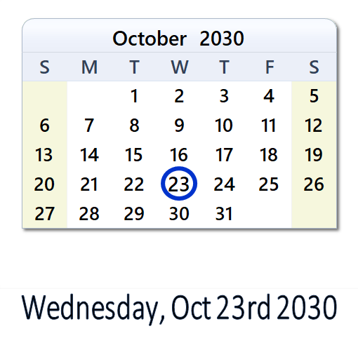 October 23, 2030 Calendar with Holidays & Count Down - USA