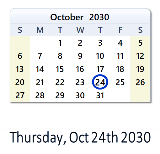 24 October 2030 Calendar with Holidays and Count Down - ZAF