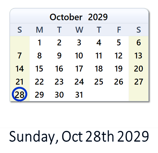 28 October 2029 Calendar with Holidays and Count Down - ZAF