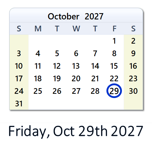 29 October 2027 Calendar with Holidays and Count Down - ZAF