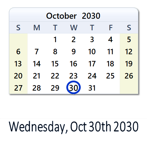 October 30, 2030 Calendar with Holidays & Count Down - USA