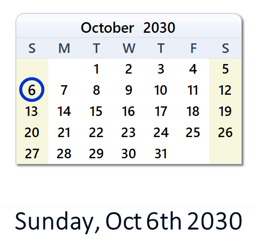 October 6, 2030 Calendar with Holidays & Count Down - USA