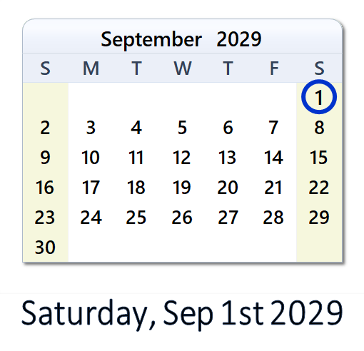 September 1, 2029 Calendar with Holidays & Count Down - USA