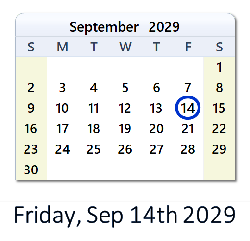 September 14, 2029 Calendar with Holidays & Count Down - USA