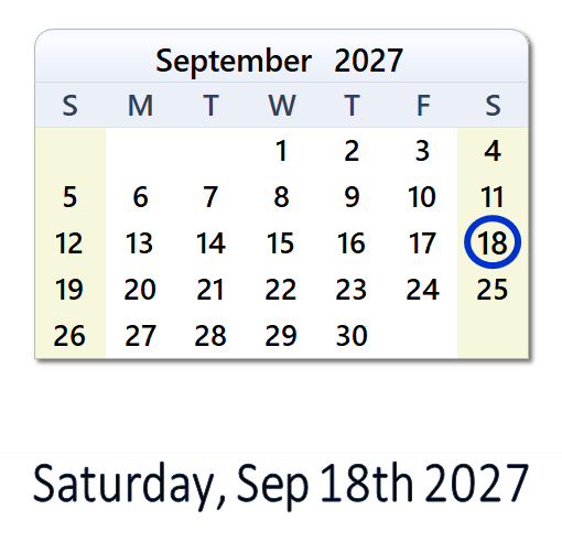 September 18, 2027 Calendar with Holidays & Count Down - USA
