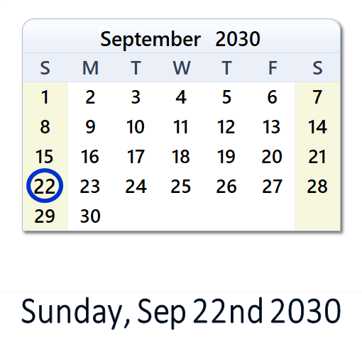 September 22, 2030 Calendar with Holidays & Count Down - USA