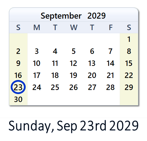 September 23, 2029 Calendar with Holidays & Count Down - USA