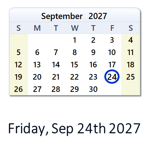 September 24, 2027 Calendar with Holidays & Count Down - USA
