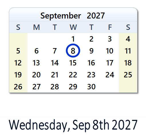 September 8, 2027 Calendar with Holidays & Count Down - USA